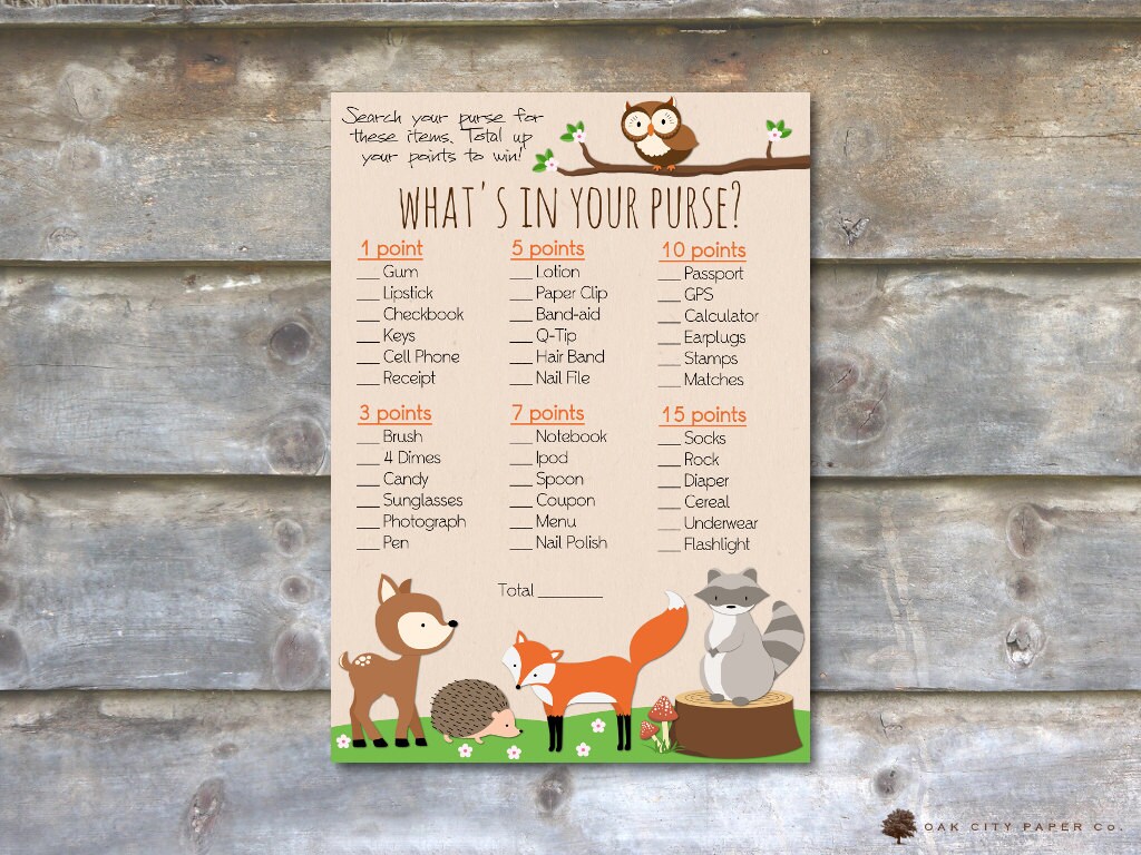 Whats in Your Purse Baby Shower - Woodland Animal Baby Whats in Your ...