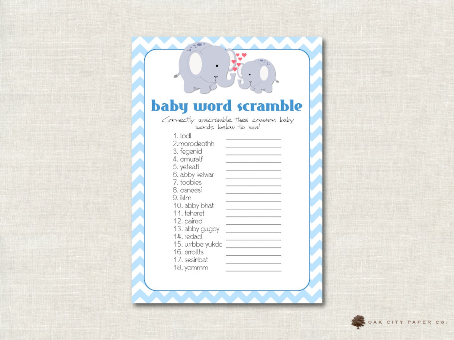 Baby Shower Word Scramble - Elephant Theme, Baby Shower Baby Word ...