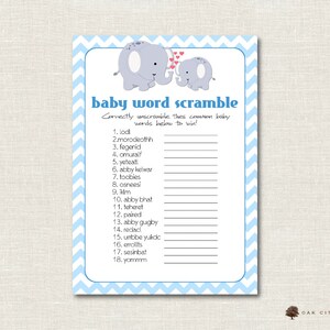Baby Shower Word Scramble - Elephant Theme, Baby Shower Baby Word ...