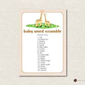 Giraffe Baby Shower Word Scramble, Giraffe Word Scramble, Baby Shower ...