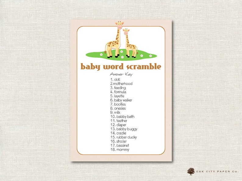 Giraffe Baby Shower Word Scramble, Giraffe Word Scramble, Baby Shower ...