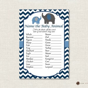Elephant Name the Baby Animal Baby Shower Game - Blue Elephant Shower ...