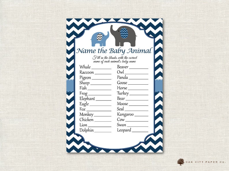 Elephant Name the Baby Animal Baby Shower Game - Blue Elephant Shower ...