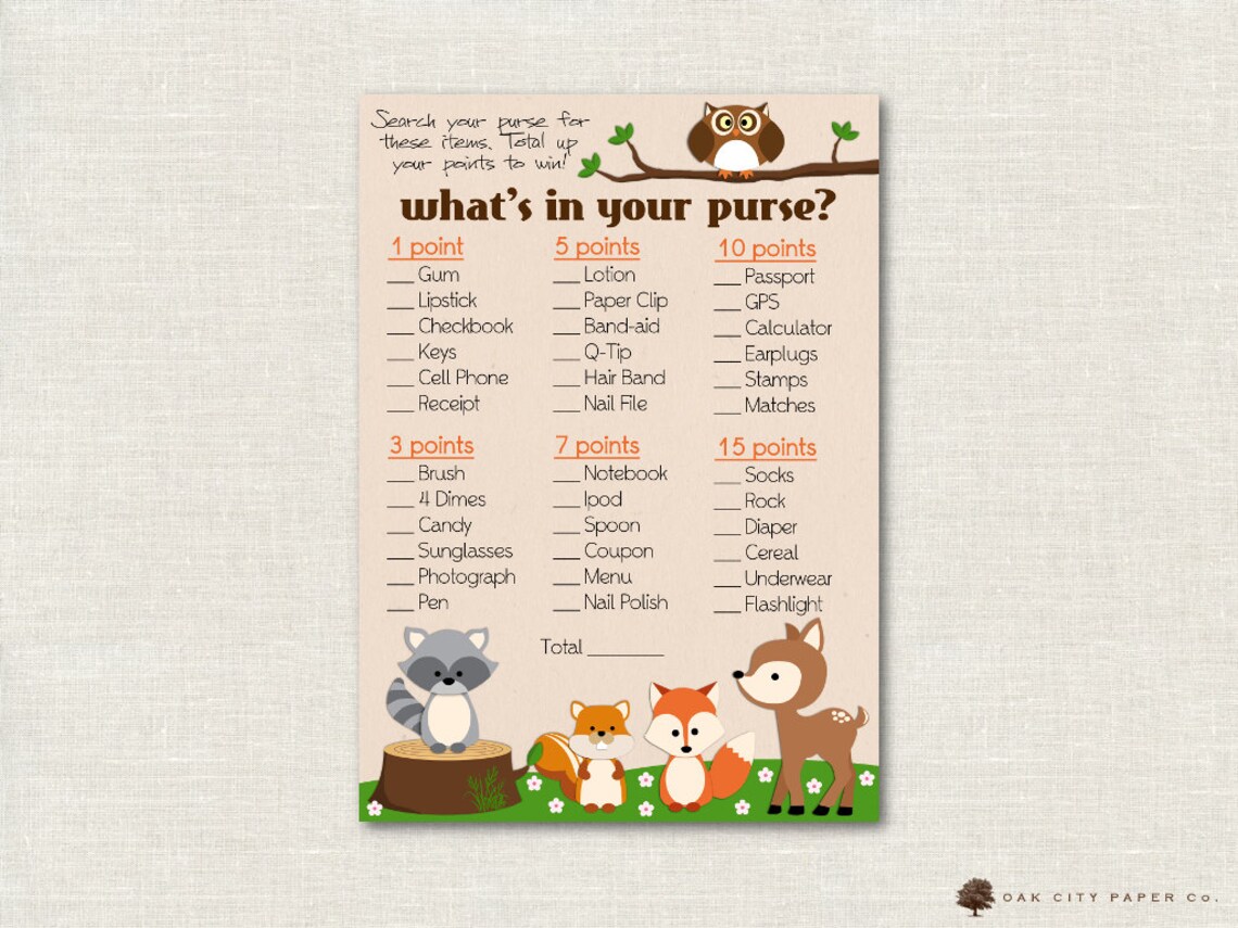 Whats in Your Purse Baby Shower - Woodland Animal Baby Whats in Your ...