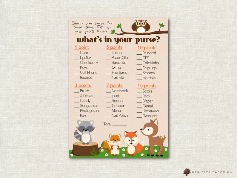 Whats in Your Purse Baby Shower - Woodland Animal Baby Whats in Your ...