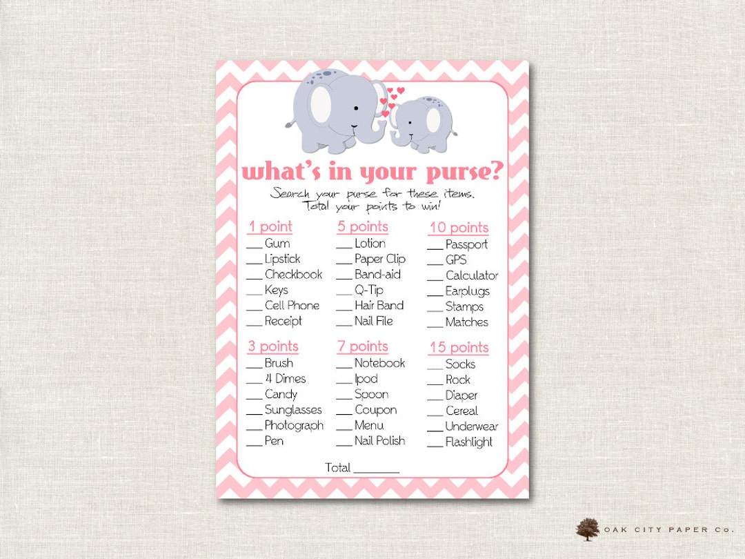 Pink Elephant Whats in Your Purse Shower Game - Whats in Your Purse ...