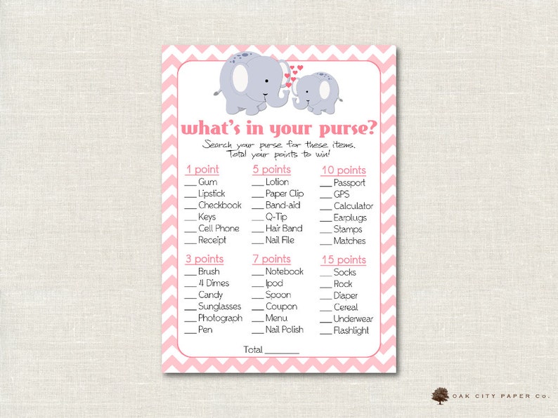 Pink Elephant Whats in Your Purse Shower Game Whats In Your | Etsy