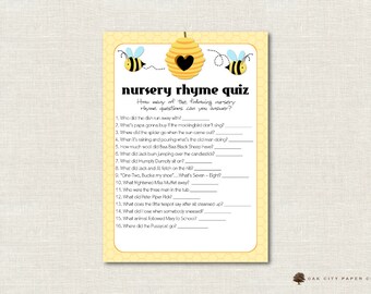 Nursery Rhyme Quiz Bumble Bee Baby Shower Game Printable Honey Bee ...