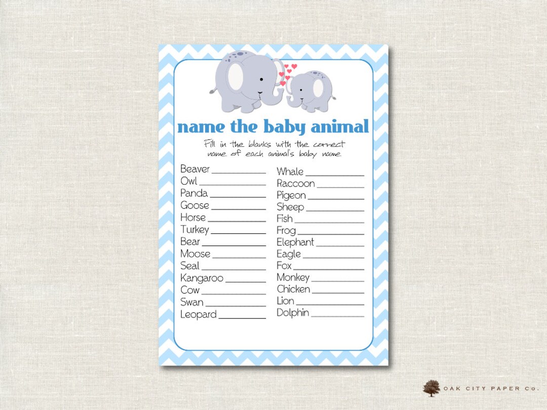 Elephant Name the Baby Animal Baby Shower Game - Blue Elephant Shower ...