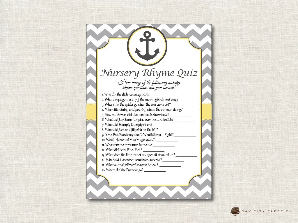 Nautical Nursery Rhyme Quiz Baby Shower Game Nautical | Etsy
