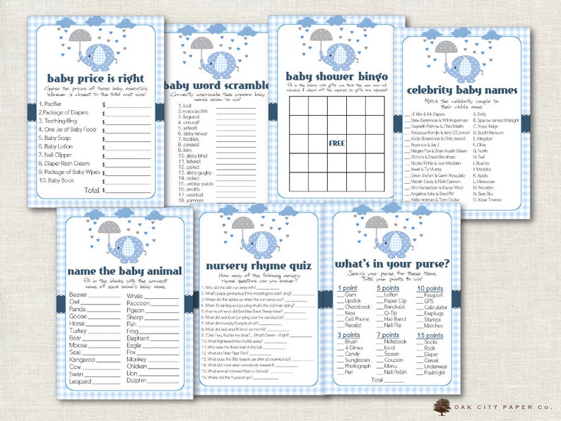 Blue Baby Shower Games Elephant Baby Shower Games Elephant | Etsy