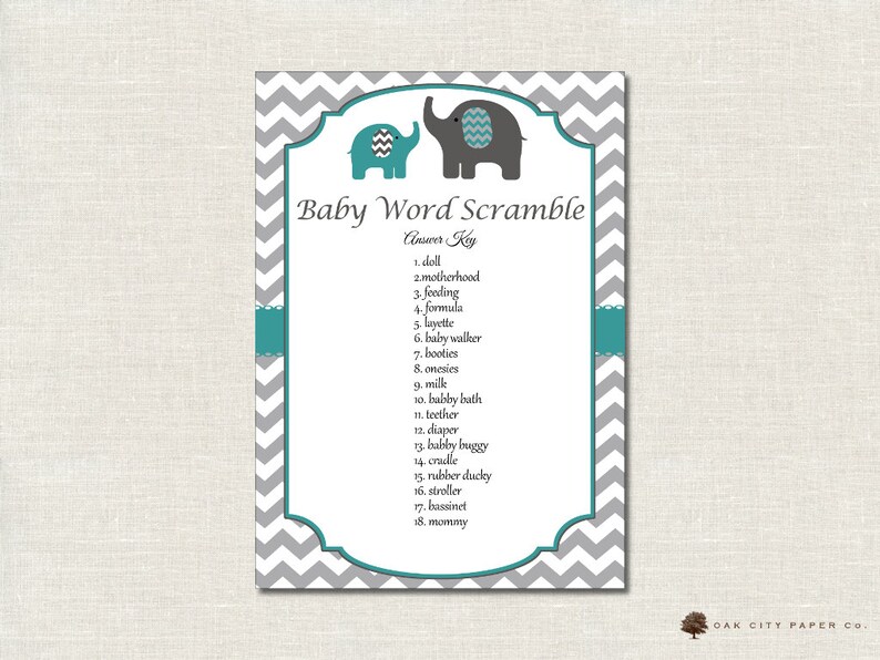 Baby Shower Word Scramble - Elephant Theme, Baby Shower Baby Word ...