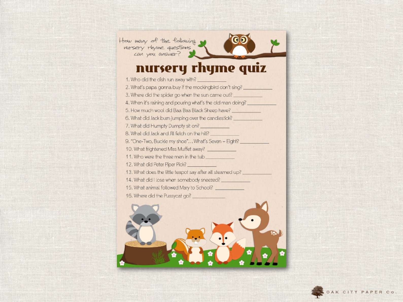 Nursery Rhyme Quiz Woodland Animal Baby Shower Game DIY - Etsy
