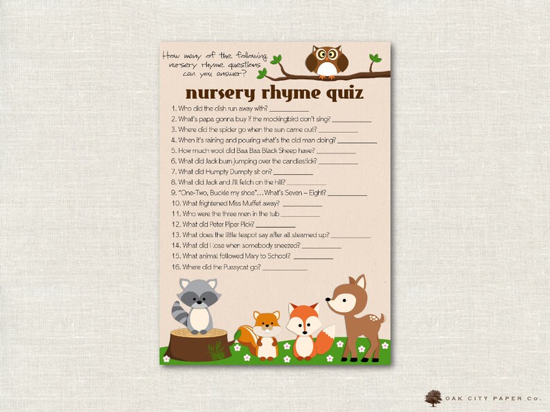 Nursery Rhyme Quiz Woodland Animal Baby Shower Game, DIY, Printable - Etsy