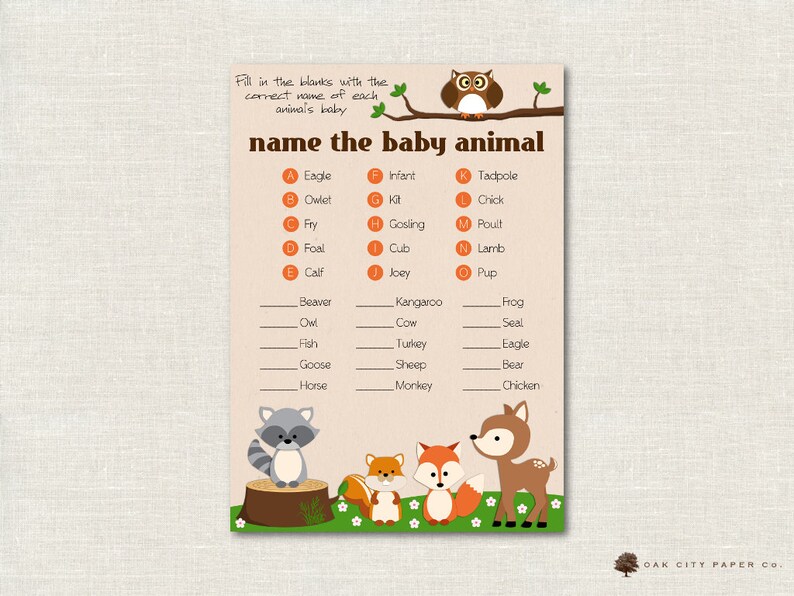 Name the Baby Animal Baby Shower Game Woodland Animal Theme - Etsy
