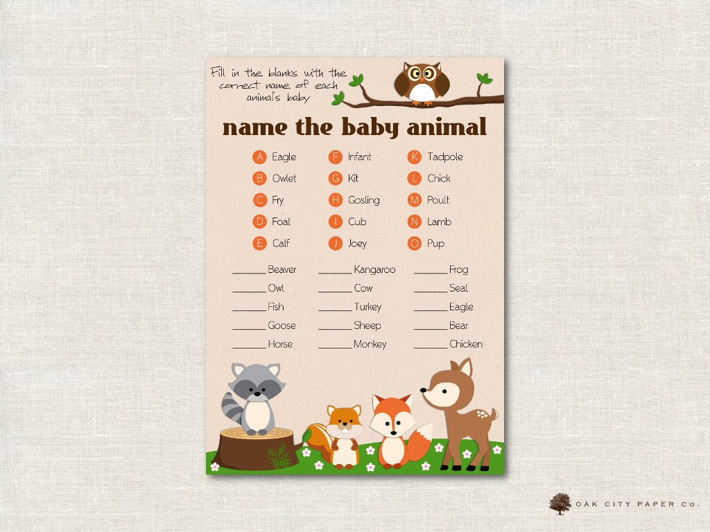 Name the Baby Animal Baby Shower Game Woodland Animal Theme | Etsy