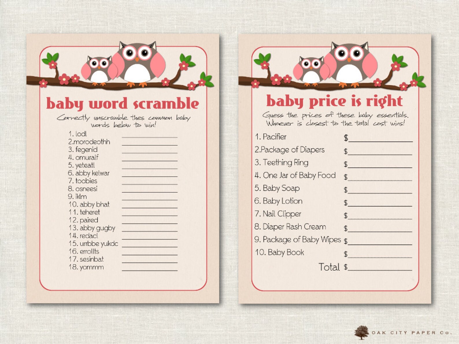 Owl Baby Shower Games Package Pink Baby Shower Games Pink | Etsy