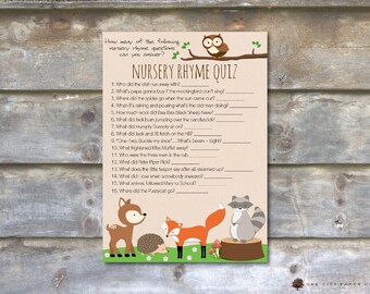 Woodland Baby Shower Game, Nursery Rhyme Quiz Game, Printable, Woodland ...