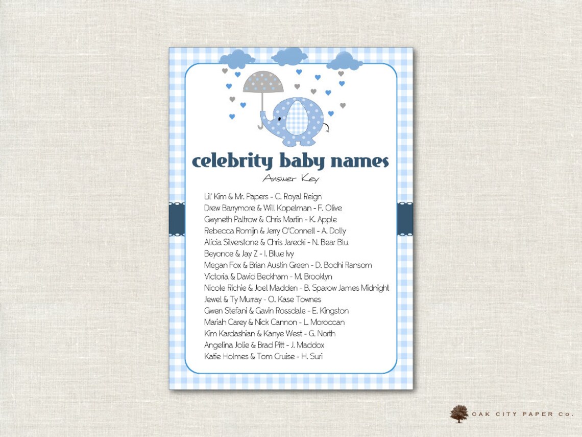 Celebrity Baby Shower Game - Elephant Celebrity Baby Name Game ...