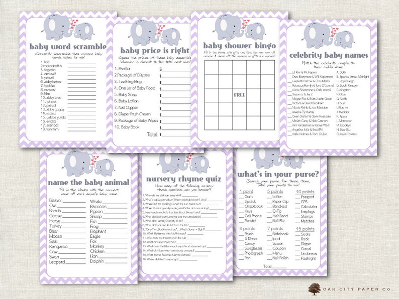 Elephant Baby Shower Games - Baby Shower Games, Lavender Elephant Baby ...