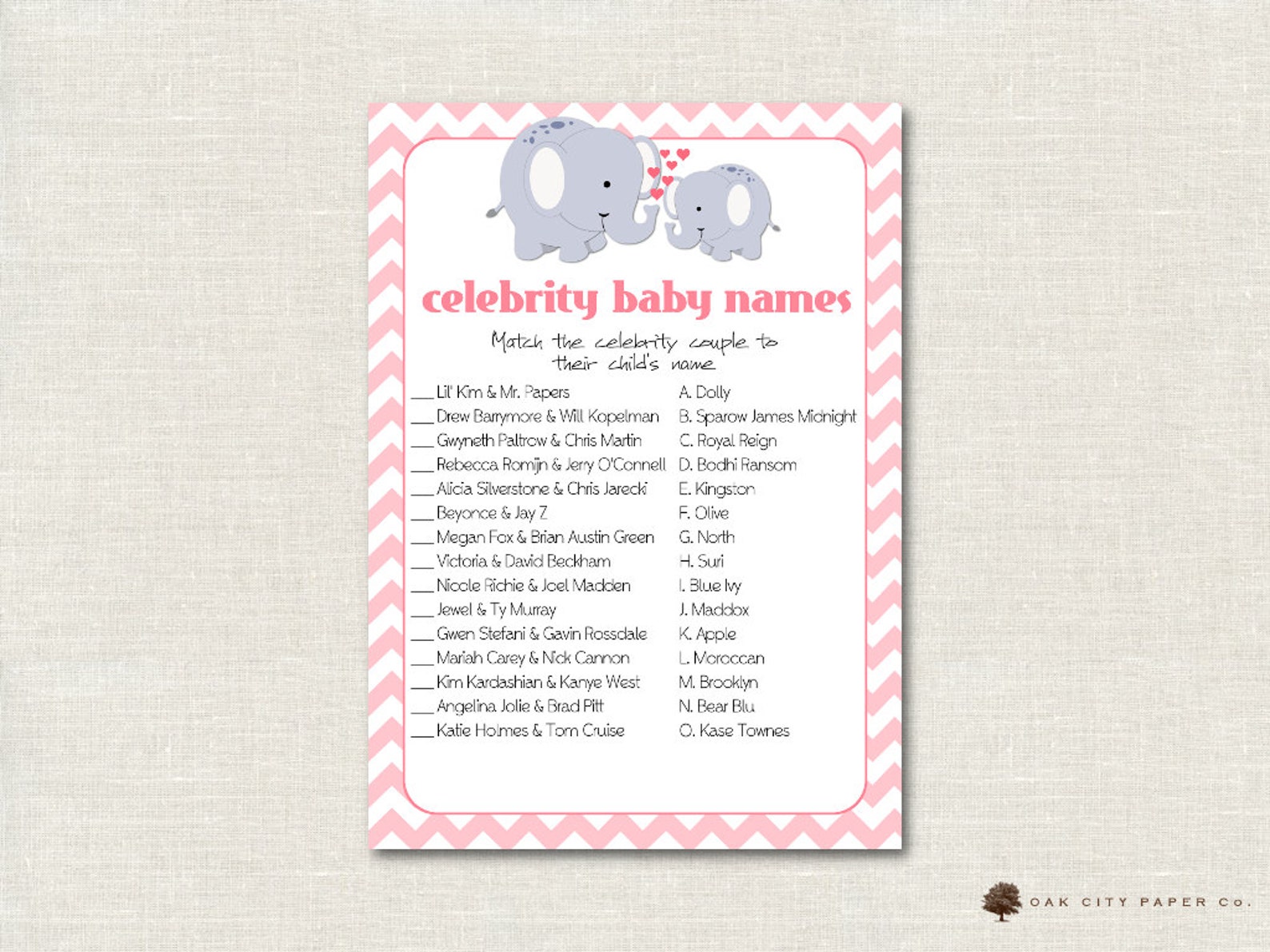 Celebrity Baby Shower Game Elephant Celebrity Baby Name - Etsy