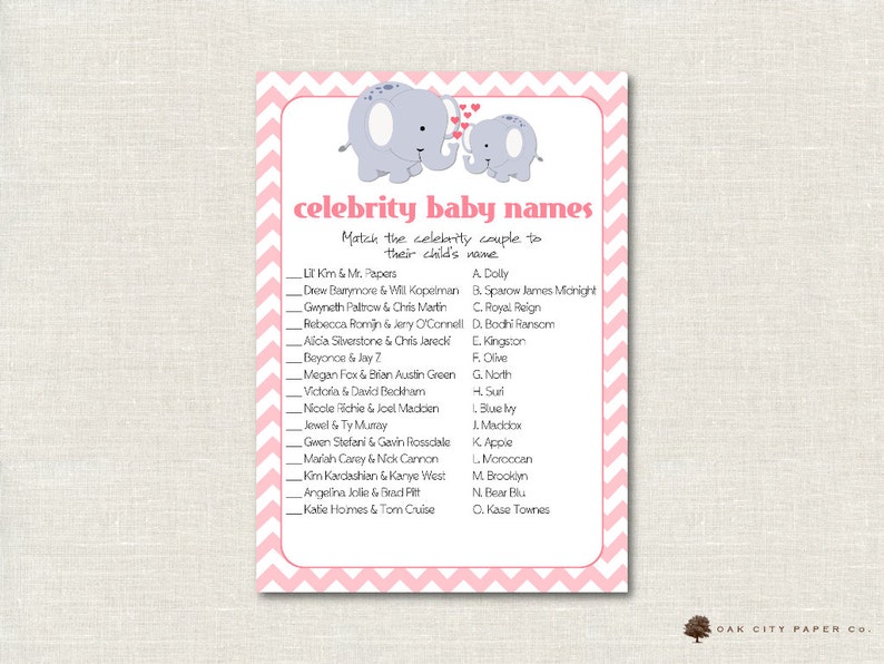 Celebrity Baby Shower Game - Elephant Celebrity Baby Name Game ...