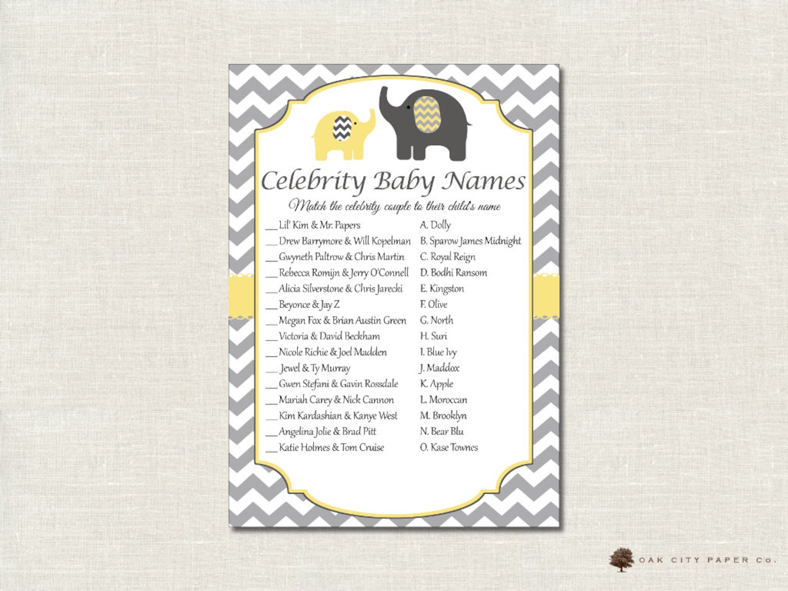 Celebrity Baby Shower Game - Elephant Celebrity Baby Name Game ...