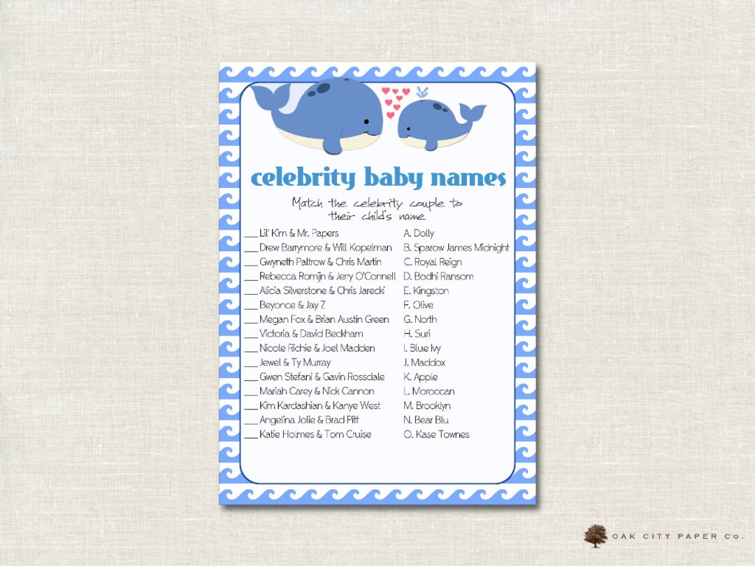 Whale Celebrity Baby Shower Game - Whale Celebrity Baby Name Game ...