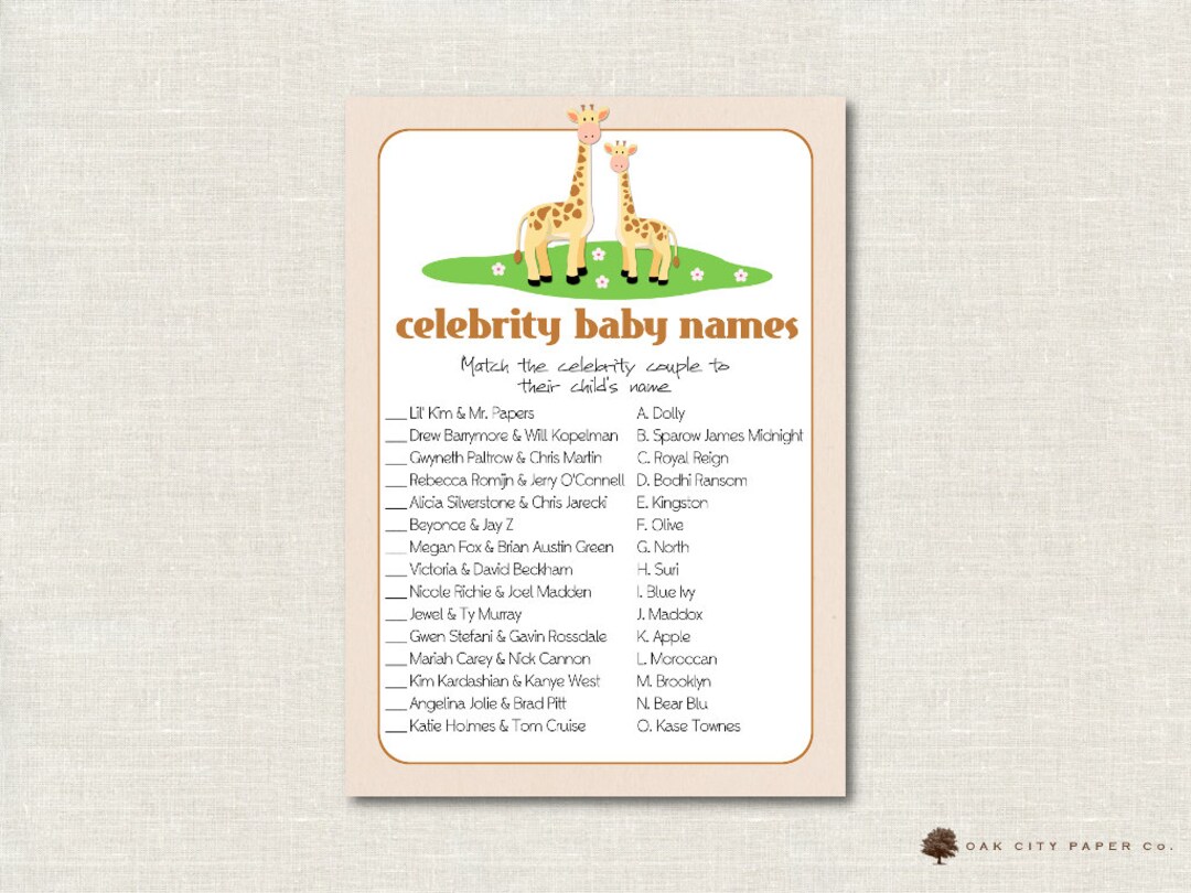 Giraffe Celebrity Baby Shower Game Giraffe Celebrity Baby Name Game ...