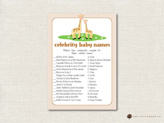 Giraffe Celebrity Baby Shower Game Giraffe Celebrity Baby - Etsy