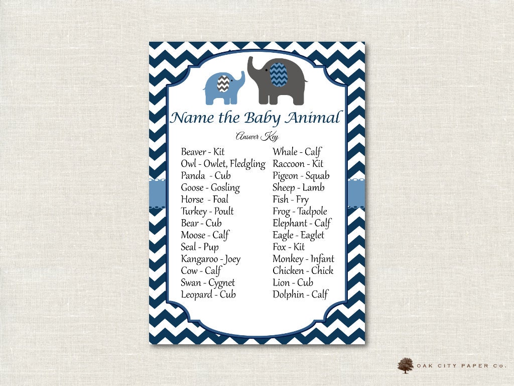 Elephant Name the Baby Animal Baby Shower Game - Blue Elephant Shower ...