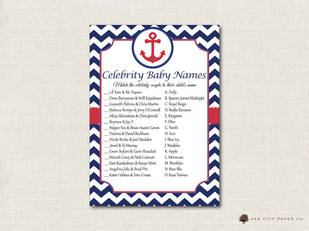 Nautical Celebrity Baby Shower Game - Nautical Celebrity Baby Name Game ...