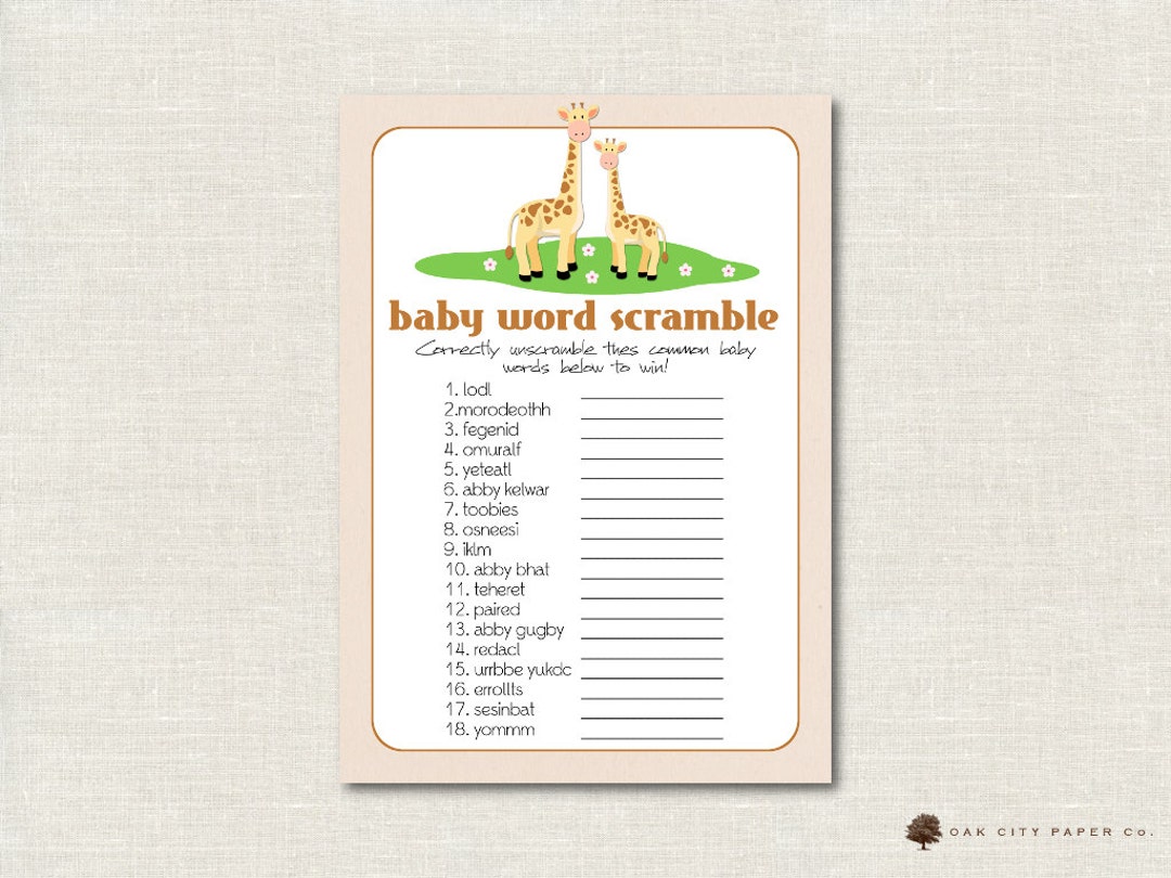 Giraffe Baby Shower Word Scramble, Giraffe Word Scramble, Baby Shower ...