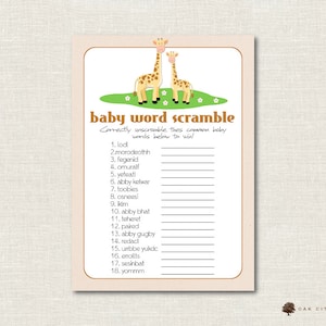 Giraffe Baby Shower Word Scramble, Giraffe Word Scramble, Baby Shower ...