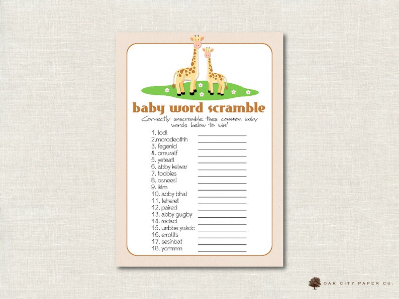 Giraffe Baby Shower Word Scramble Giraffe Word Scramble Baby | Etsy