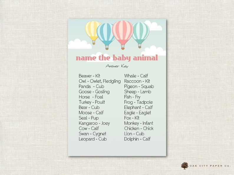 Hot Air Balloon Name the Baby Animal Baby Shower Game - Etsy