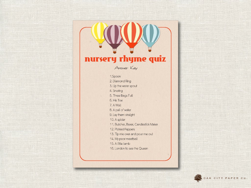 Hot Air Balloon Nursery Rhyme Quiz Baby Shower Game Balloon - Etsy