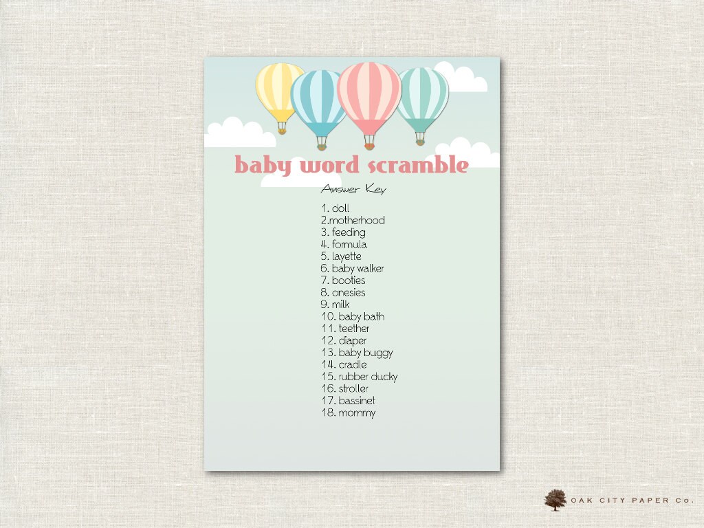Hot Air Balloon Baby Shower Word Scramble, Balloon Word Scramble, Baby ...