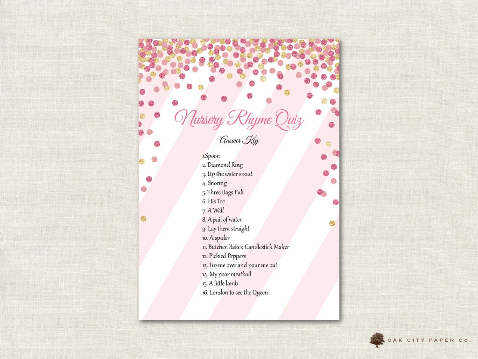 Pink and Gold Nursery Rhyme Quiz Baby Shower Game - Pink Glitter ...