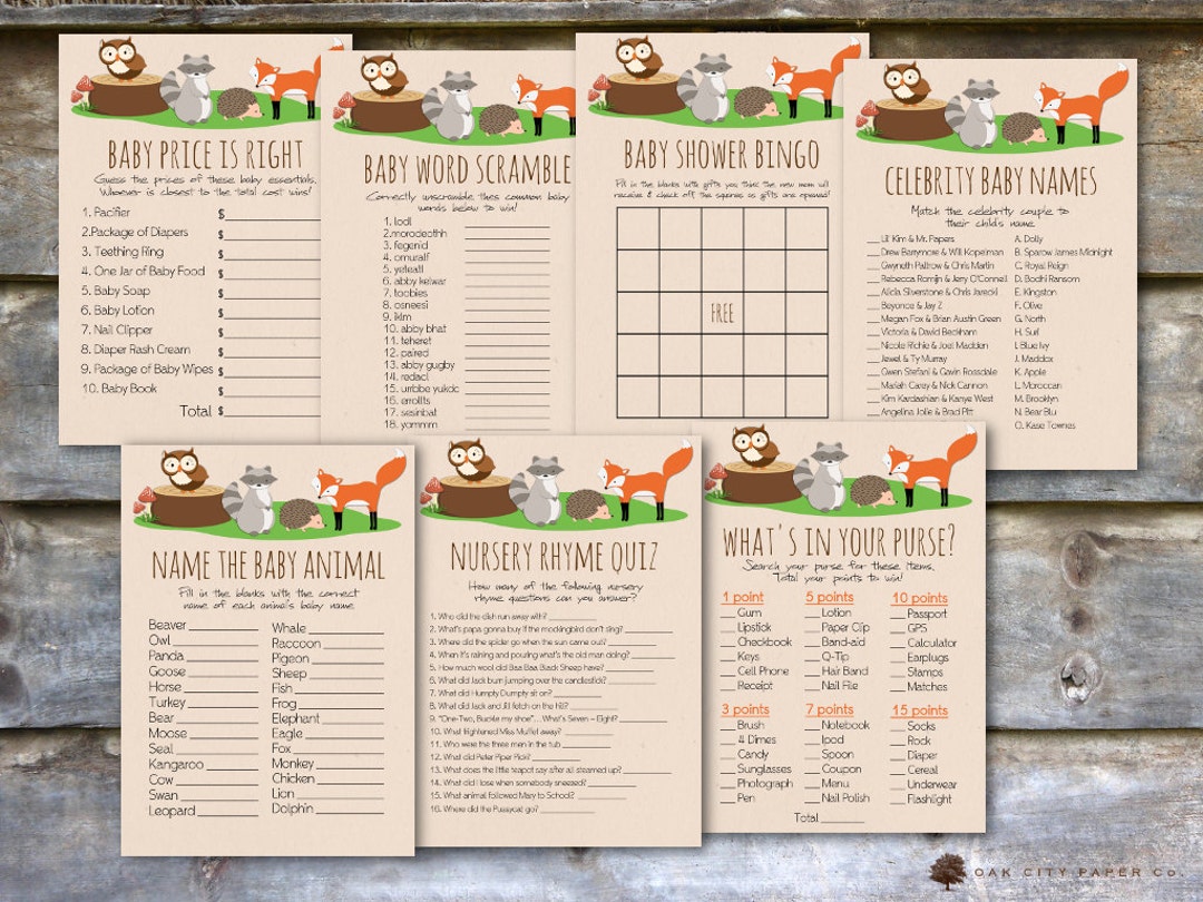 Woodland Baby Shower Games - Animal Baby Shower Games, Printable Baby ...
