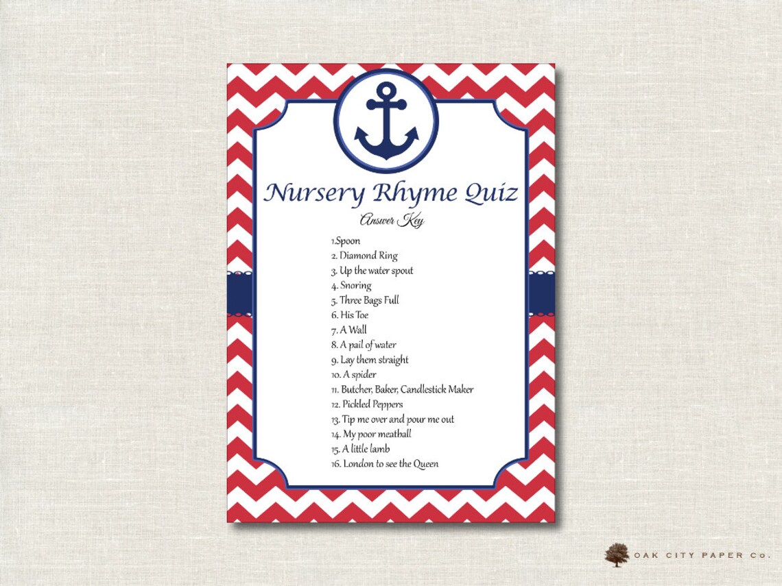 Nautical Nursery Rhyme Quiz Baby Shower Game - Nautical Nursery Rhyme ...
