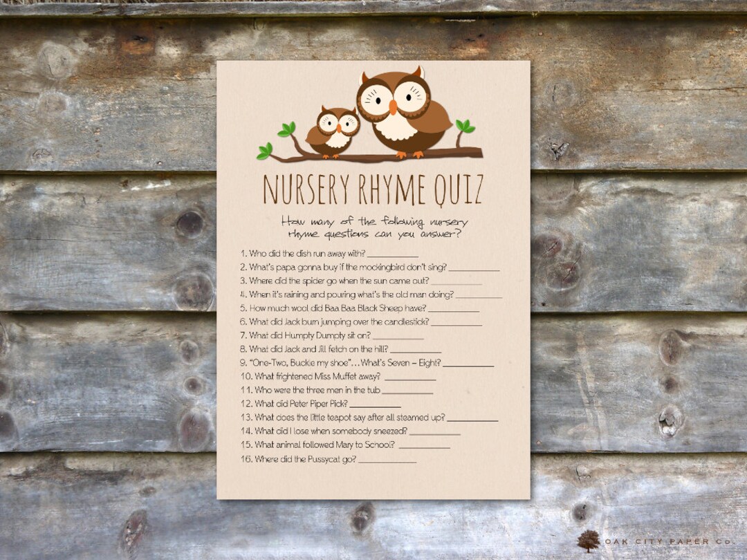 Owl Nursery Rhyme Quiz Baby Shower Game - Owl Nursery Rhyme Baby Shower ...