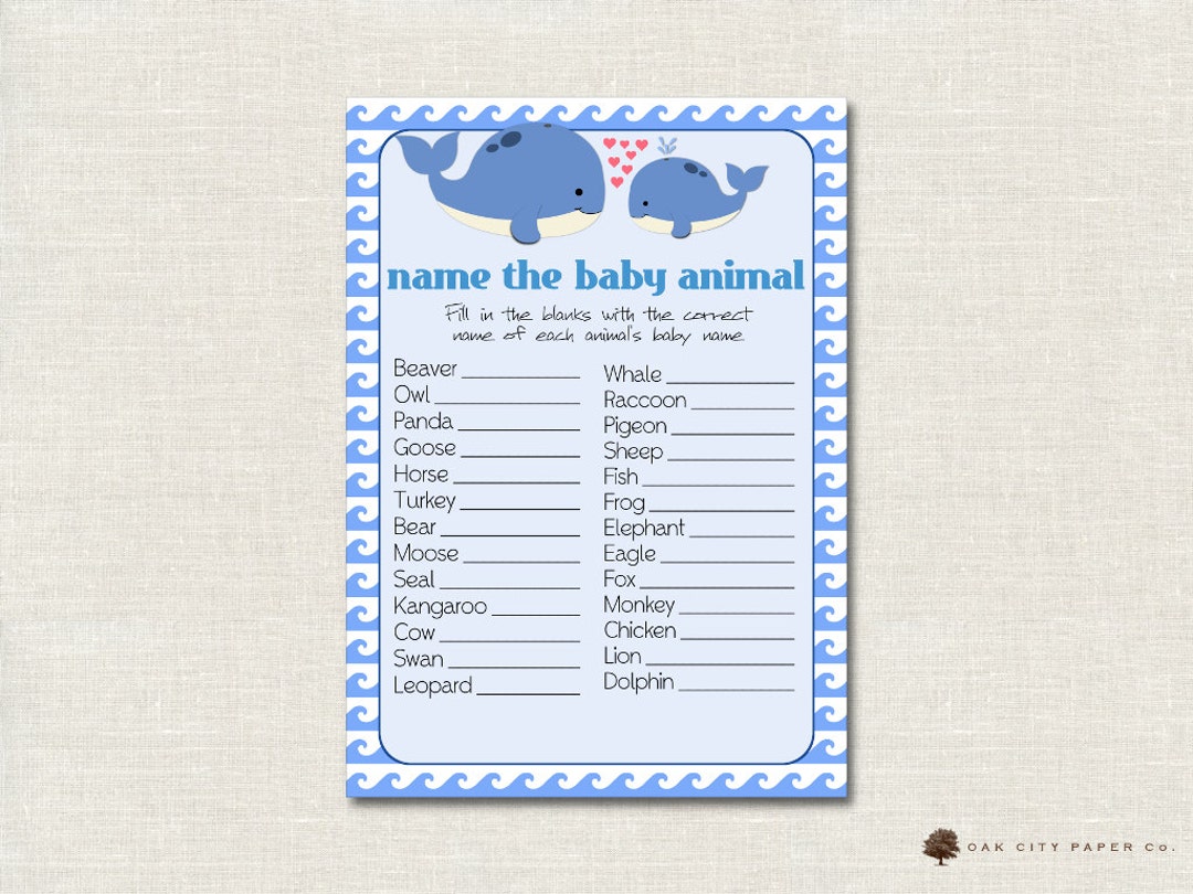 Whale Name the Baby Animal Baby Shower Game - Whale Shower Baby Animal ...