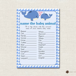 Whale Name the Baby Animal Baby Shower Game - Whale Shower Baby Animal ...