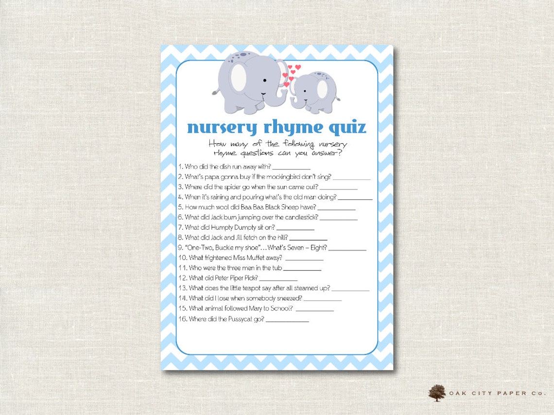 Elephant Nursery Rhyme Quiz Baby Shower Game Blue Elephant - Etsy
