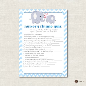 Elephant Nursery Rhyme Quiz Baby Shower Game - Blue Elephant Nursery ...