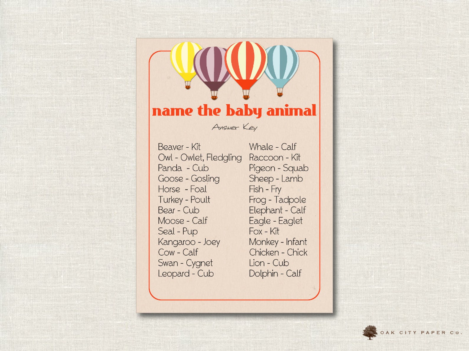 Hot Air Balloon Name the Baby Animal Baby Shower Game - Etsy