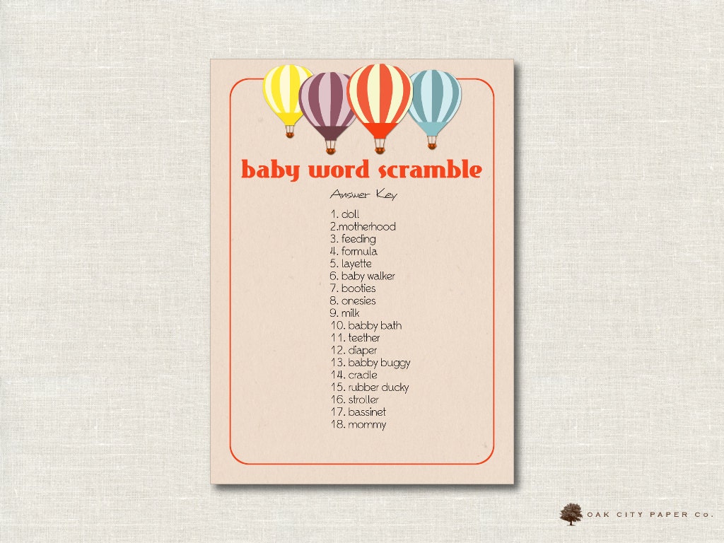 Hot Air Balloon Baby Shower Word Scramble, Balloon Word Scramble, Baby ...
