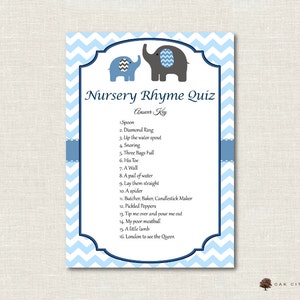 Elephant Nursery Rhyme Quiz Baby Shower Game - Baby Blue Elephant ...