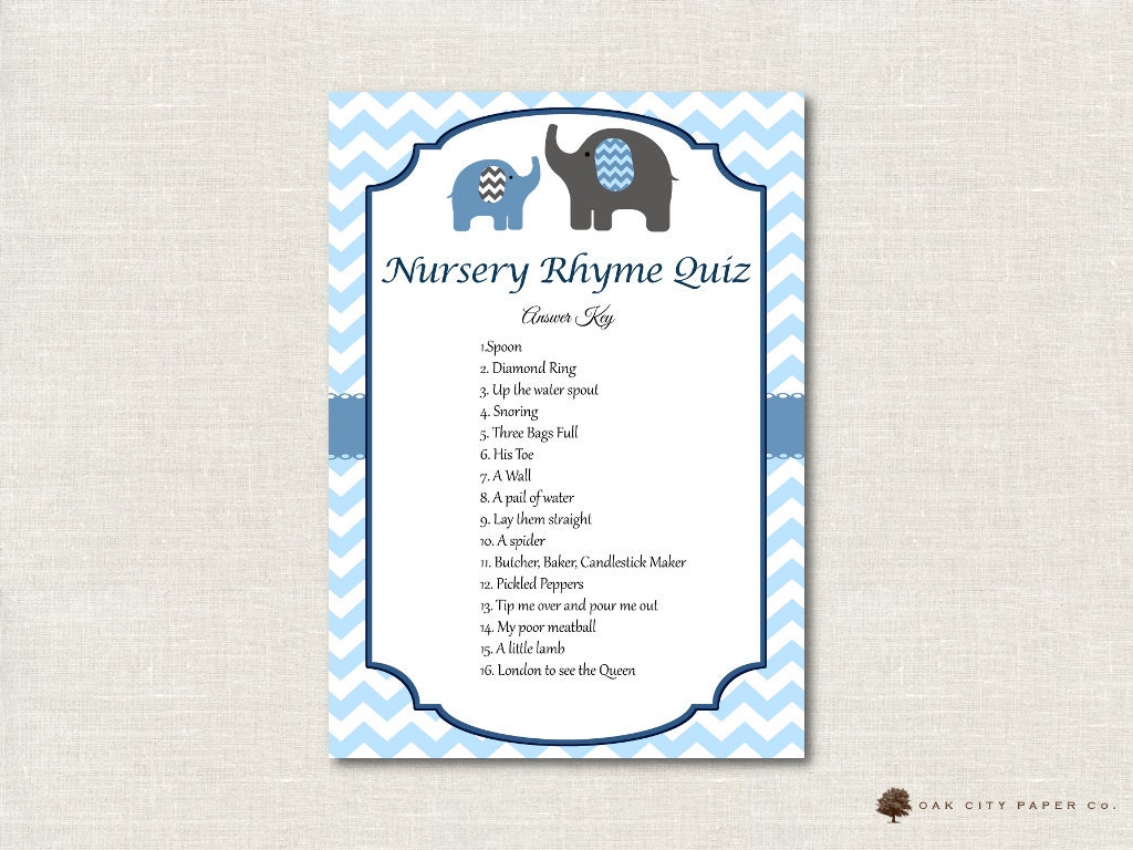 Elephant Nursery Rhyme Quiz Baby Shower Game Baby Blue - Etsy